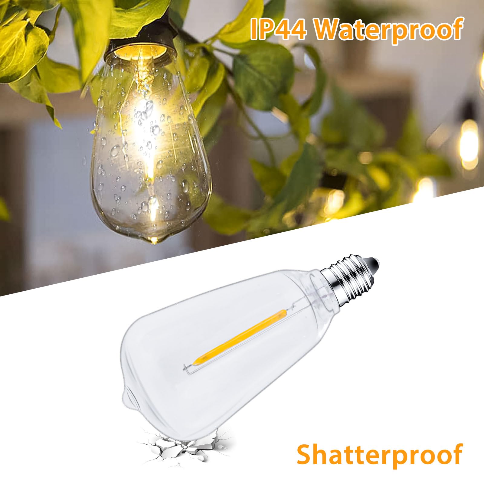 25 Packs ST38 LED Edison Bulbs,0.6Watt E12 Base Small Vintage Light Bulbs Equivalent to 7W Incandescant, 2700K Warm White Bulbs for ST38 String Lights, Shatterproof Waterproof Dimmable, Not for Solar