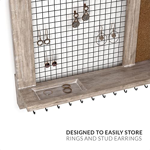 Barnyard Designs Wall Mounted Hanging Jewelry Organizer, Earring, Necklace and Bracelet Hanger with Ring Shelf, Rustic Wood Jewelry Holder Storage Display Rack, Large, Whitewashed Wood, 16.5" x 13"