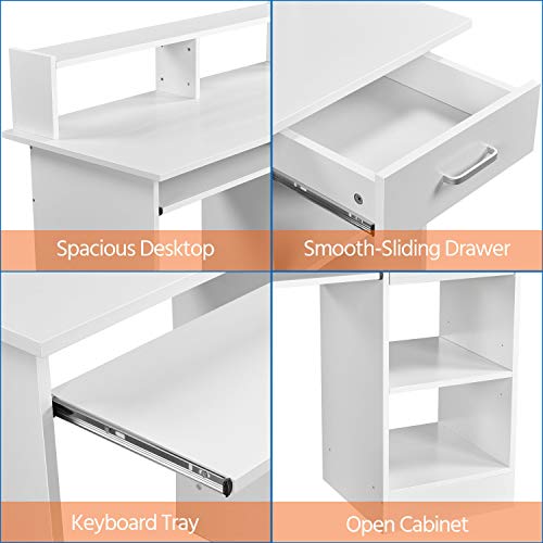 Yaheetech Home Office Wood Computer Desk with Keyboard Tray and Drawers, Students Writing Table with Storage Drawers & Hutch, Modern PC Laptop Desk, Multifunctional Workstation, White