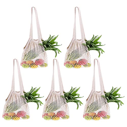 Ahyuan Ecology Reusable Cotton Mesh Grocery Bags 5Pack Long Hand Portable Washable Cotton Mesh String Organizer Shopping Bag Net Shopping Bags Net Tote Mesh Bags Fruit and Vegetable Bag (Beige)