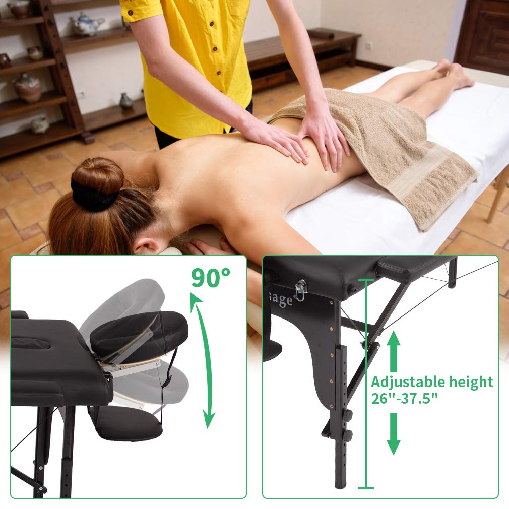 BestMassage Massage Table Portable Massage Bed Spa Bed 30 Inches Wide Height Adjustable 2 Fold PU Lash Bed with Half Bolster Oxford Cloth Backpack for Spa Footmassage Facial CareSpa Tattoo,Black