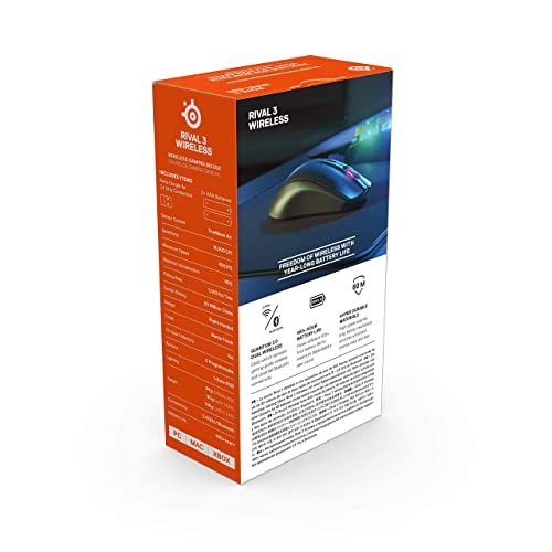 SteelSeries Rival 3 Wireless Gaming Mouse – 400+ Hour Battery Life – Dual Wireless 2.4 GHz and Bluetooth 5.0 – 60 Million Clicks – 18,000 CPI TrueMove Air Optical Sensor,Black