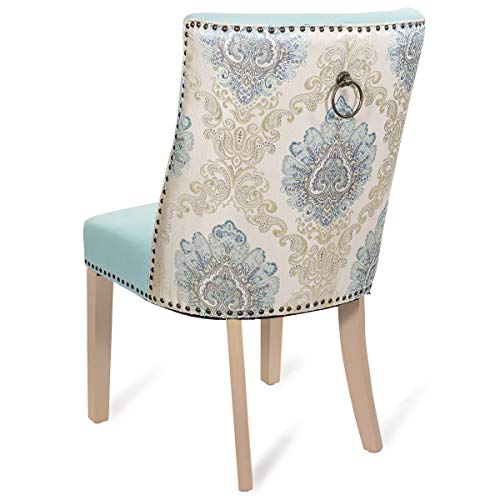 Barton 2-Pcs Parson Curved High-Back Dining Chair Armless Nailhead Trim Cushion Seat Back Ring Pull, Blue/Gold