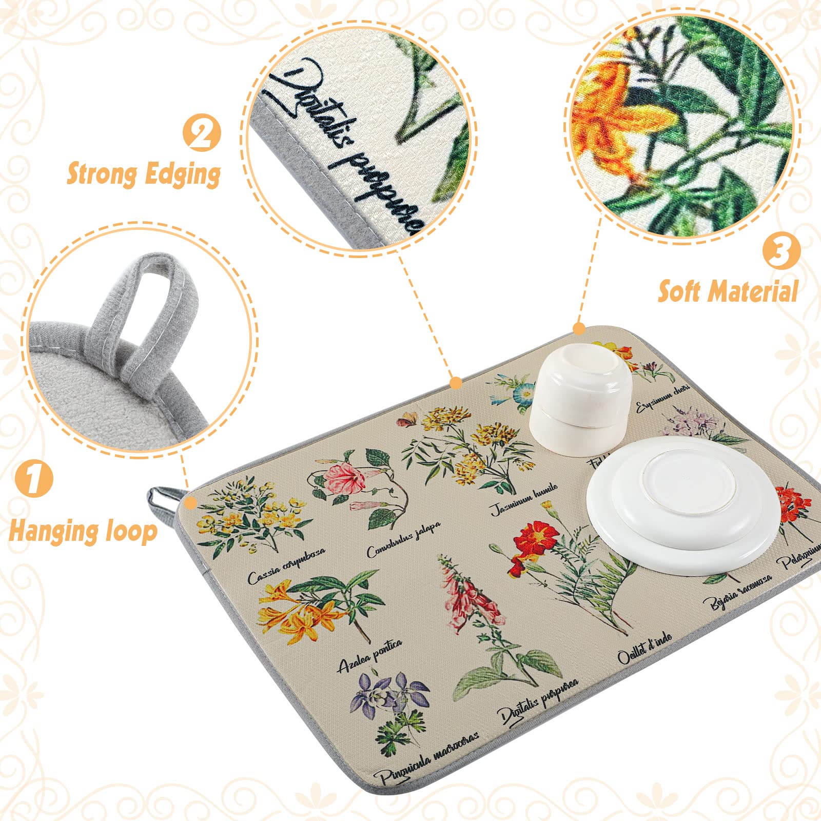 18 x 24 Inch Kitchen Drying Mat Flower Herbs Dish Drying Mats for Kitchen Counter Dish Drying Pad Plant Absorbent Reversible Microfiber Leaves Plant Dish Mat for Drainer Rack Coffee Bar Decor