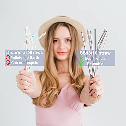 12-Pack Reusable 18/10 Stainless Steel Metal Straws with Silicone Tips & Cleaning Brush, Suotarn Long Drinking Straws for 20 24 30 oz Coffee Tumbler Travel Mug Cup, Dishwasher Safe, Silver