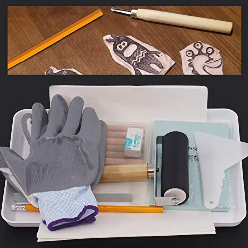 Rustark 24 Pieces Block Printing Starter Tool Kit with Whetstone, Stamp Block, Carving Tools, Tracing Papers,Pencil, Gloves,Eraser and Scrapper, Rubber Stamp Making Kit for Stamping and Printmaking