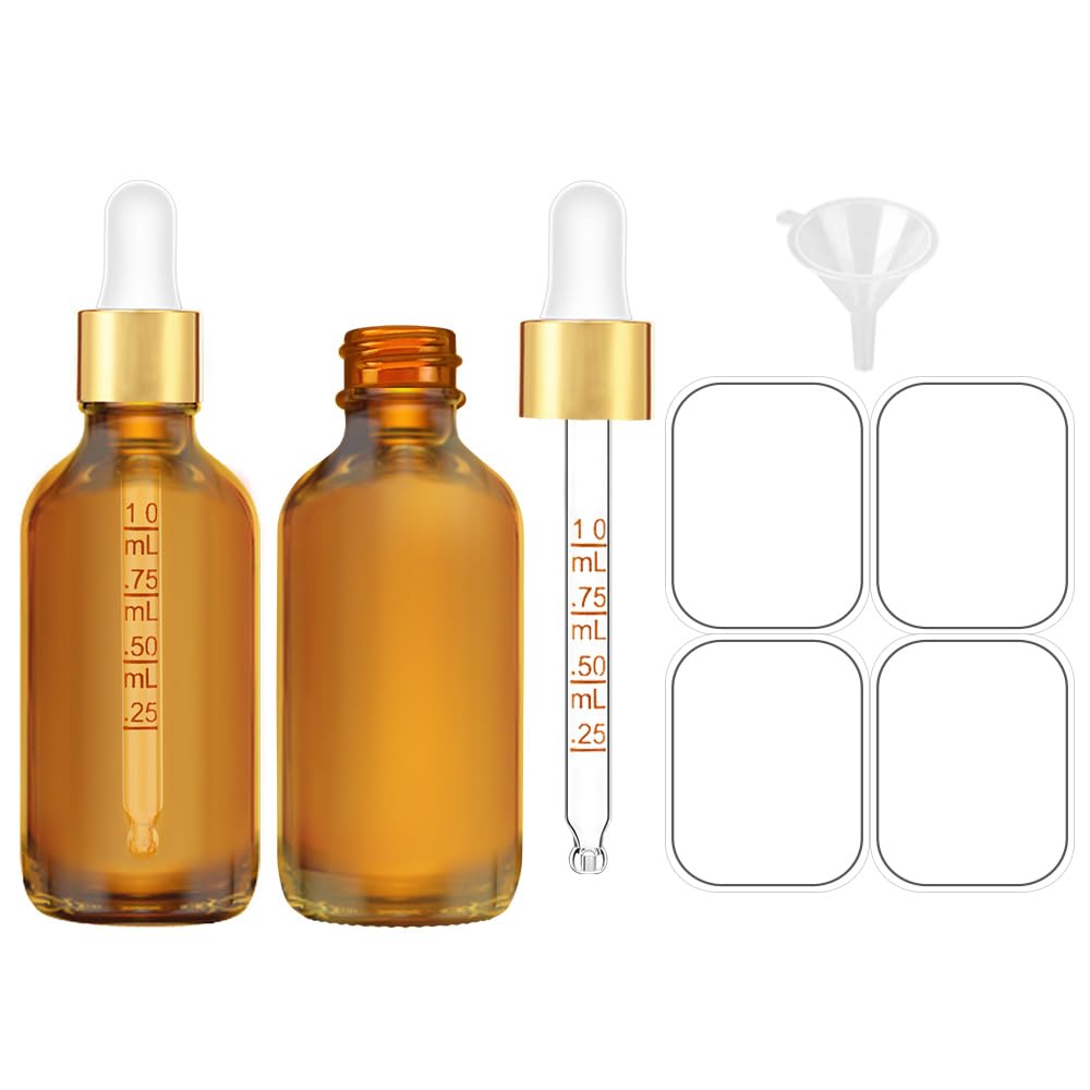 Bumobum Dropper Bottle Amber 1 oz, 30 ml Glass Dropper Bottles with Golden Top Cap for Essential Oils, 2 pack Tincture Bottle with Labels and Funnel