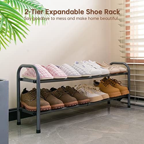 2-Tier Expandable Shoe Rack,Adjustable Shoe Shelf Storage Organizer Heavy Duty Metal Free Standing Shoe Rack for Entryway Closet Doorway (Gray)