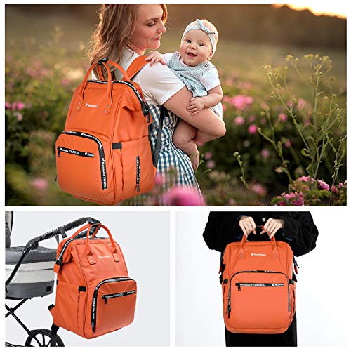 BesyPro Diaper Bag Backpack Large Maternity Nappy Bag Changing Bags with Insulated Pockets Stroller Straps,Waterproof and Stylish,Orange