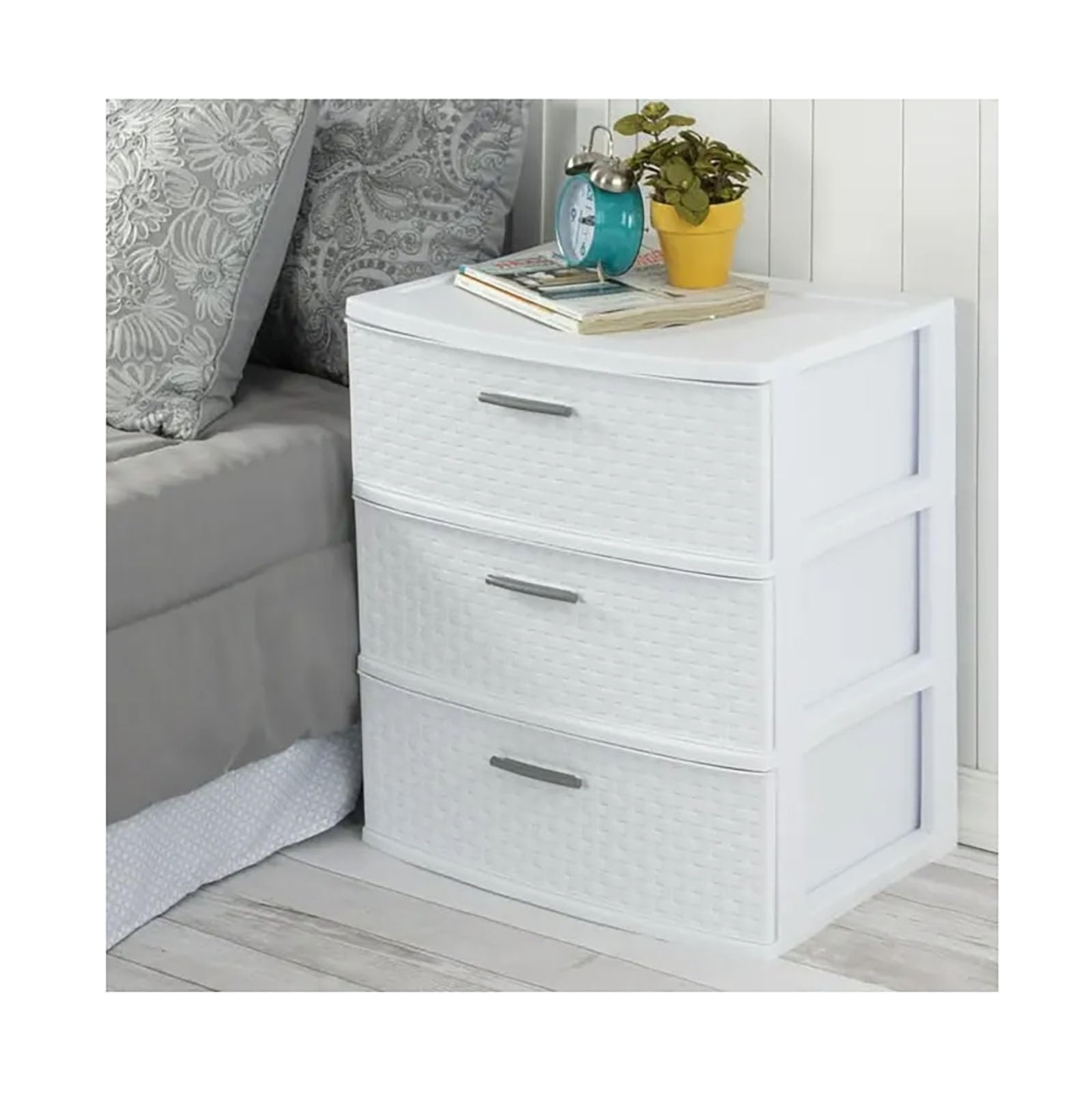 3 Drawer Cross Weave Storage Tower, Decorative Plastic Bin Drawers with Handles Organize Clothes in Bedroom, Easy Assembly,White