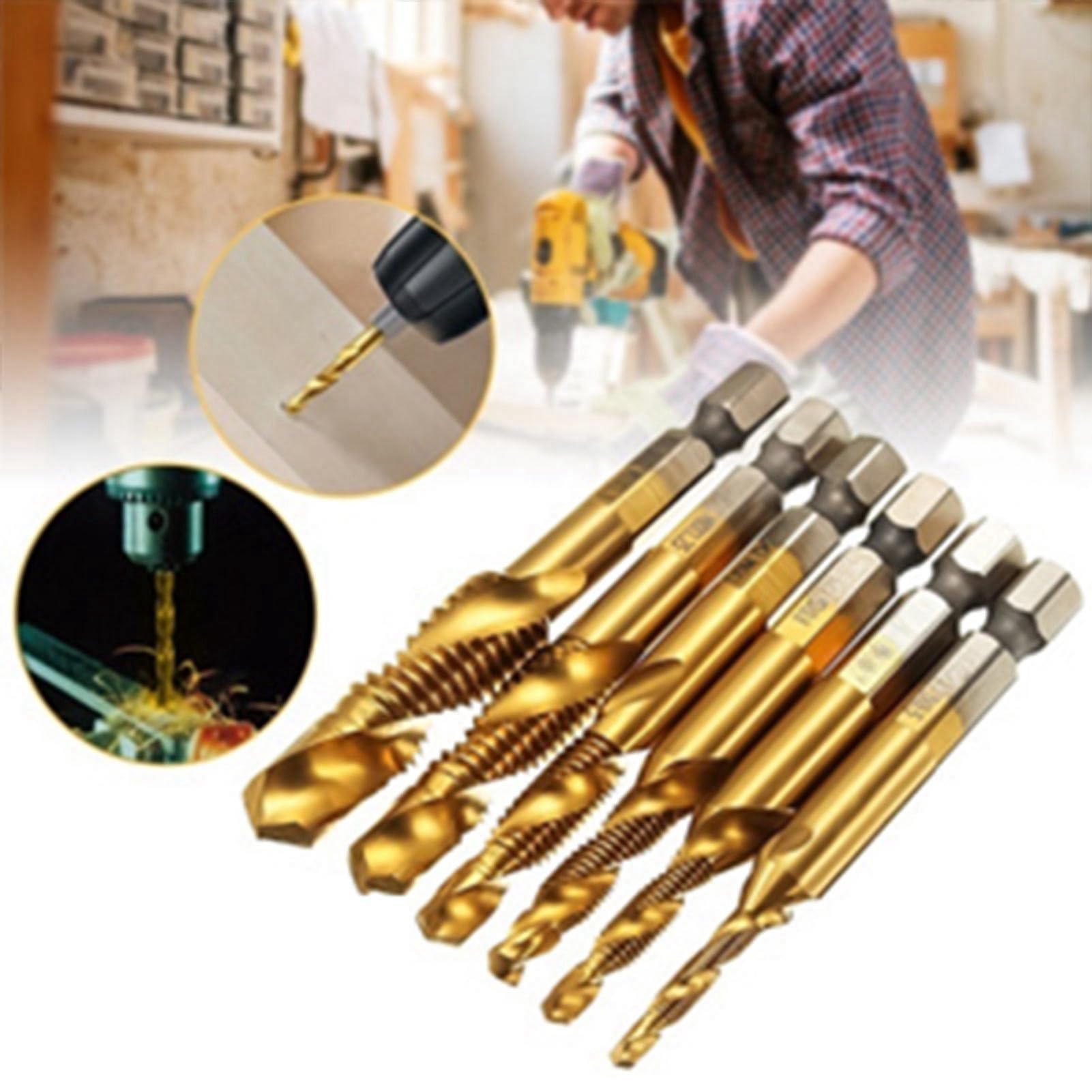 6Pcs 1/4" Hex Shank Screw Tap,M3-M10 Hss Spiral Thread Drill Bits, Coated Composite Drilling Screw Tapping Bits Tool Set Kit
