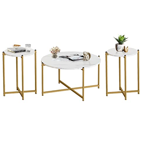 AWQM Faux Marble Coffee Table Set of 3, 1 Coffee Table & 2 Sofa Table, Round Tabletop and Metal Cross Base Frame,Perfect for Living Room Apartment, White & Gold