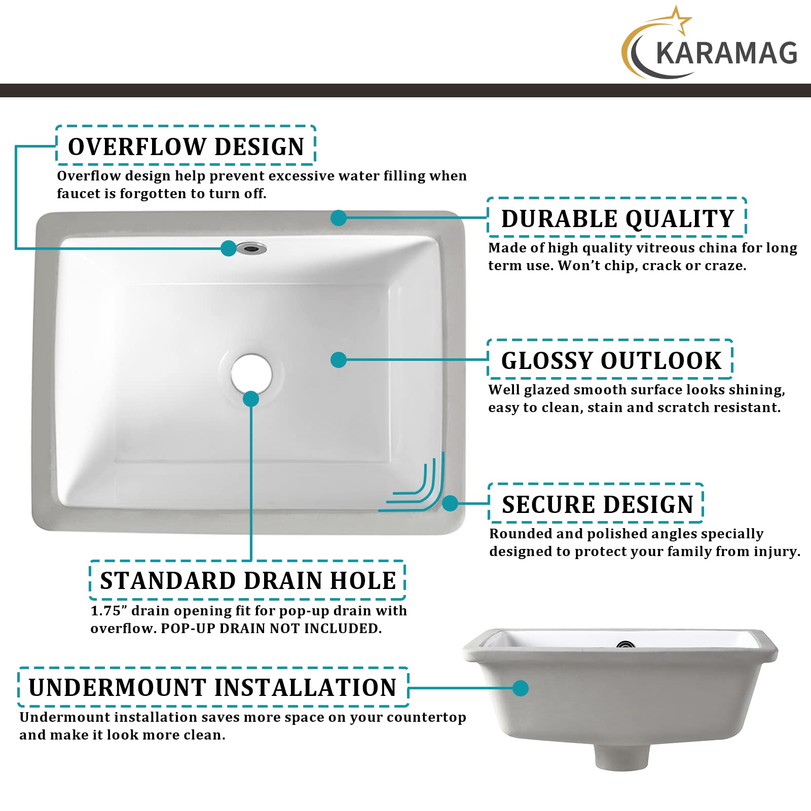 16 Inch Undermount Bathroom Sink Small Rectangle Undermount Sink White Ceramic Under Counter Bathroom Sink with Overflow (15.70"x11.69")