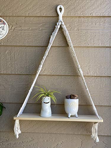 Flora Bunda Macrame Wall Hanging Shelf Indoor Plant Hanger Planter Rack Flower Pot Holder Wood Floating Shelf Organizer Hanger, Handmade Cotton Rope Boho Home Décor Wall Decor (with Wood Plate) 33”H