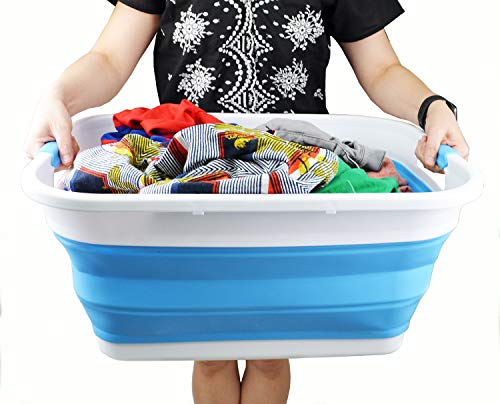 SAMMART 41L(10.8 Gallon) Collapsible Plastic Laundry Basket-Foldable Pop Up Storage Container-Portable Washing Tub-Space Saving Hamper/Basket, Water Capacity: 32L (8.4 Gallon) (2, White/Marine Blue)