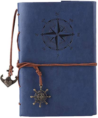 Leather Travel Journal Writing Notebook, Classic Embossed Vintage Nautical Spiral Blank String Refillable Diary Notepad Sketchbook to Write in, Unlined Paper, Retro Pendants (7.3” x5”, Deep Blue)