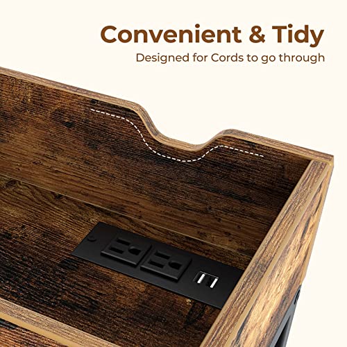 Rolanstar End Table with Charging Station, Narrow Nightstand, Flip Top Side Table with USB Ports and Storage Shelves for Small Spaces, Living Room, Bedroom (Rustic Brown)