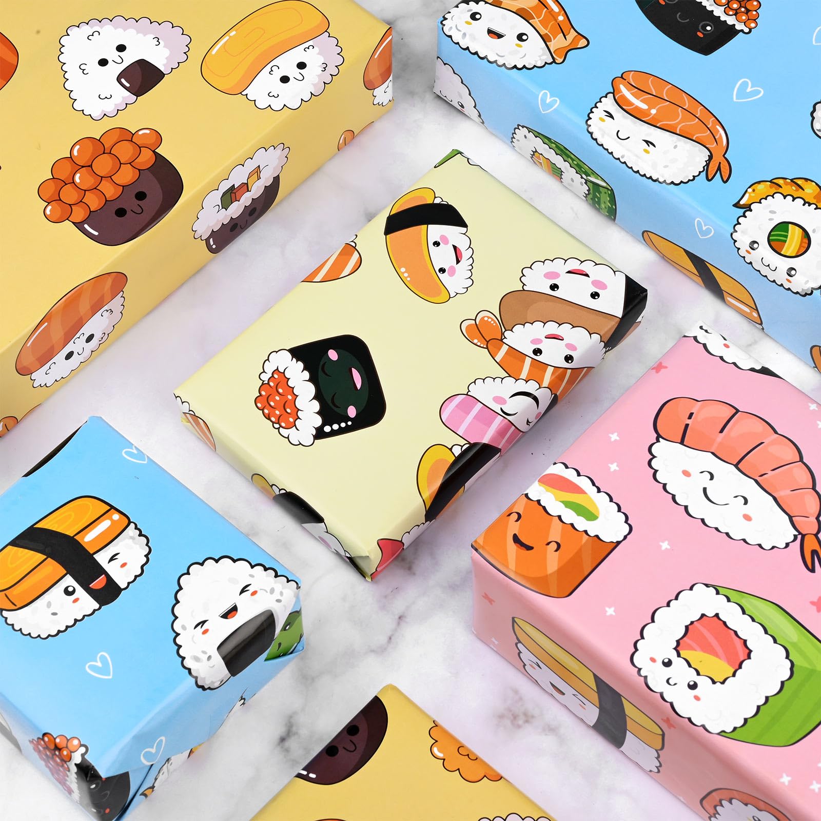 12 Sheets 28 * 20 Inches Sushi Faces Wrapping Paper Bulk Cute Sushi Trendy Gift Wrap Paper for Baby Shower Birthday Wedding DIY Craft, Folded Flat