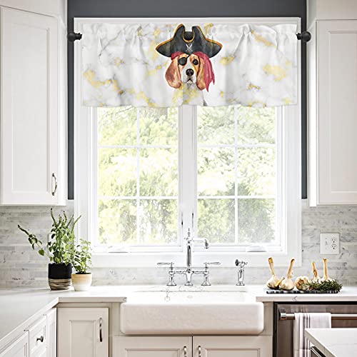 3 Pieces Kitchen Valance Window Curtain Set Abstract Geometric Pirate Dog White Gold Marble,Rod Pocket Valances Light Filtering Drape Cartoon Animal,Tier Curtains for Living Room Bedroom Bathroom