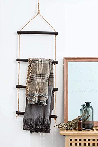 Dahey Blanket Ladder Scarf Holder Rack, Bath Towel Rack Bar Storage Ladder Wood Wall Hanging Living Room Scarf Ladder Rustic Home Decor Ladder,Black