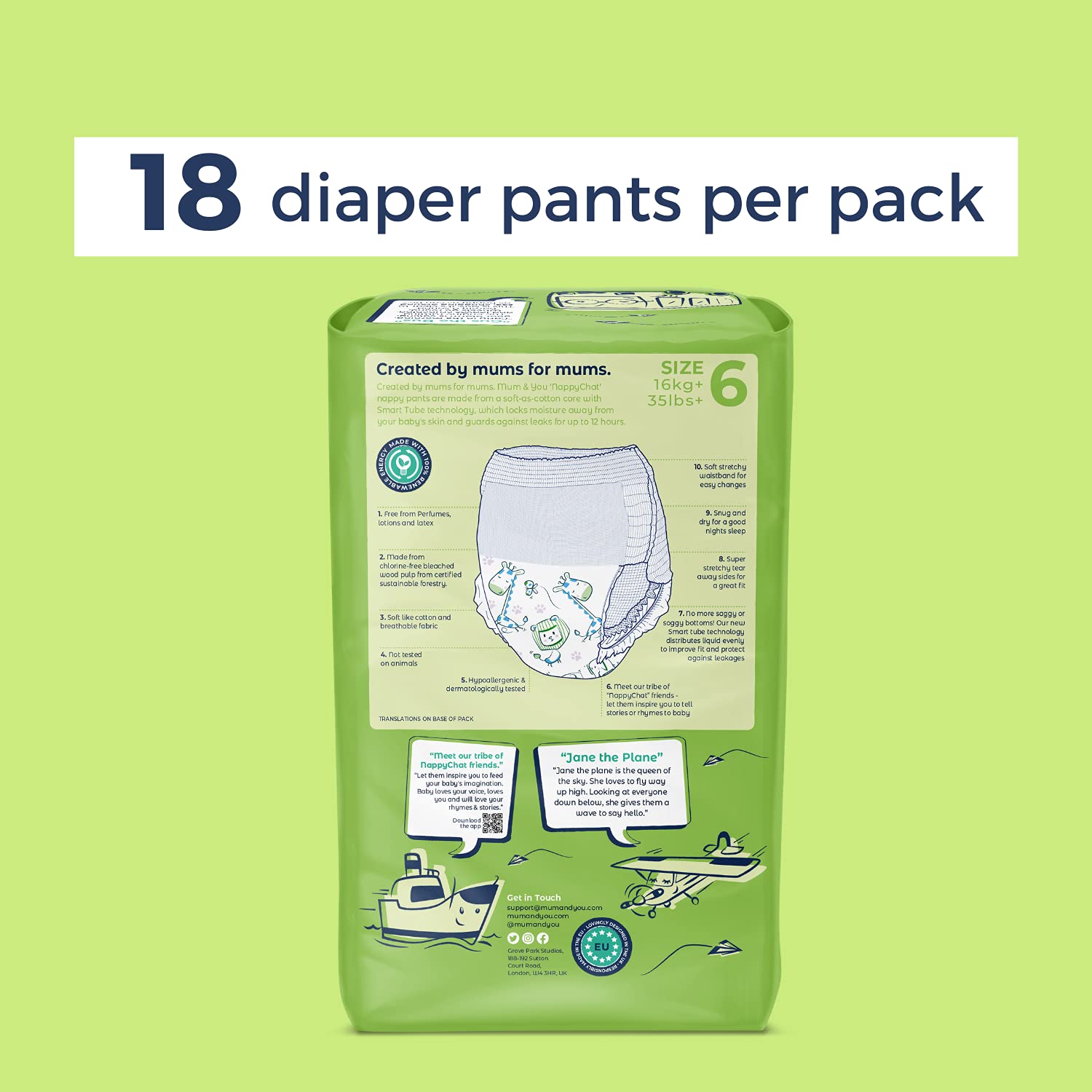Mum & You Nappychat Premium Performance Eco Diaper Pants, Size 6 (18 diapers) Smart Tube Technology Leak Protection. 100% Recyclable. Hypoallergenic, Dermatologically-Tested. No Lotion, Perfume or Dye