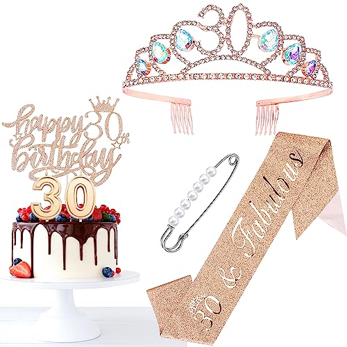 30th Birthday Decorations for Girls, Rose Gold Sweet Rhinestone Tiara Crown, Happy Birthday Cake Toppers, Birthday Queen Sash with Pearl Pin, Number Candles