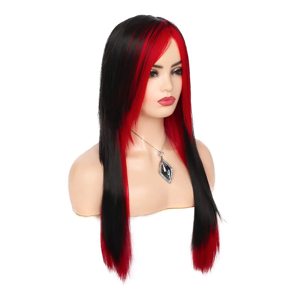 Baruisi Long Red Black Wig Silky Straight Synthetic Heat Resistant Side Bangs Halloween Costume Hair Wigs for Women