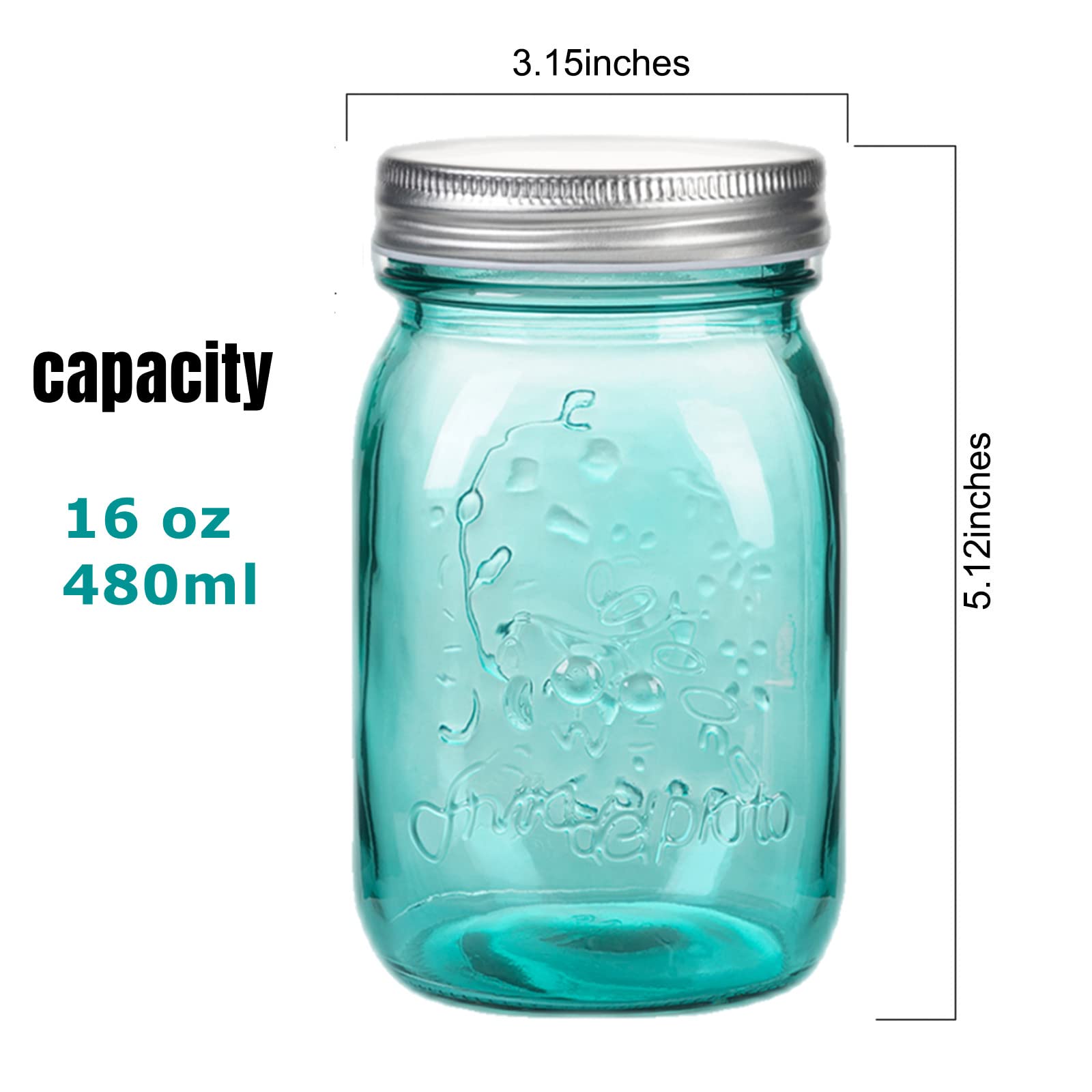 16 oz Teal Mason Jars with Lids,Regular Mouth Canning Jar, 6 Pack Multifunction Glass Container, for Storage, Canning, Pickling, Preserving, Fermenting, DIY Crafts & Decor