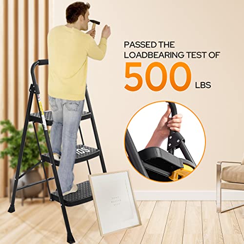3 Step Ladder, Folding Step Stool with Wide Anti-Slip Pedal, Lightweight 500lbs Step Ladder 3 Step Folding, 3 Step Ladder Folding Step Stool for Adults, Portable Kitchen Step Stool Black