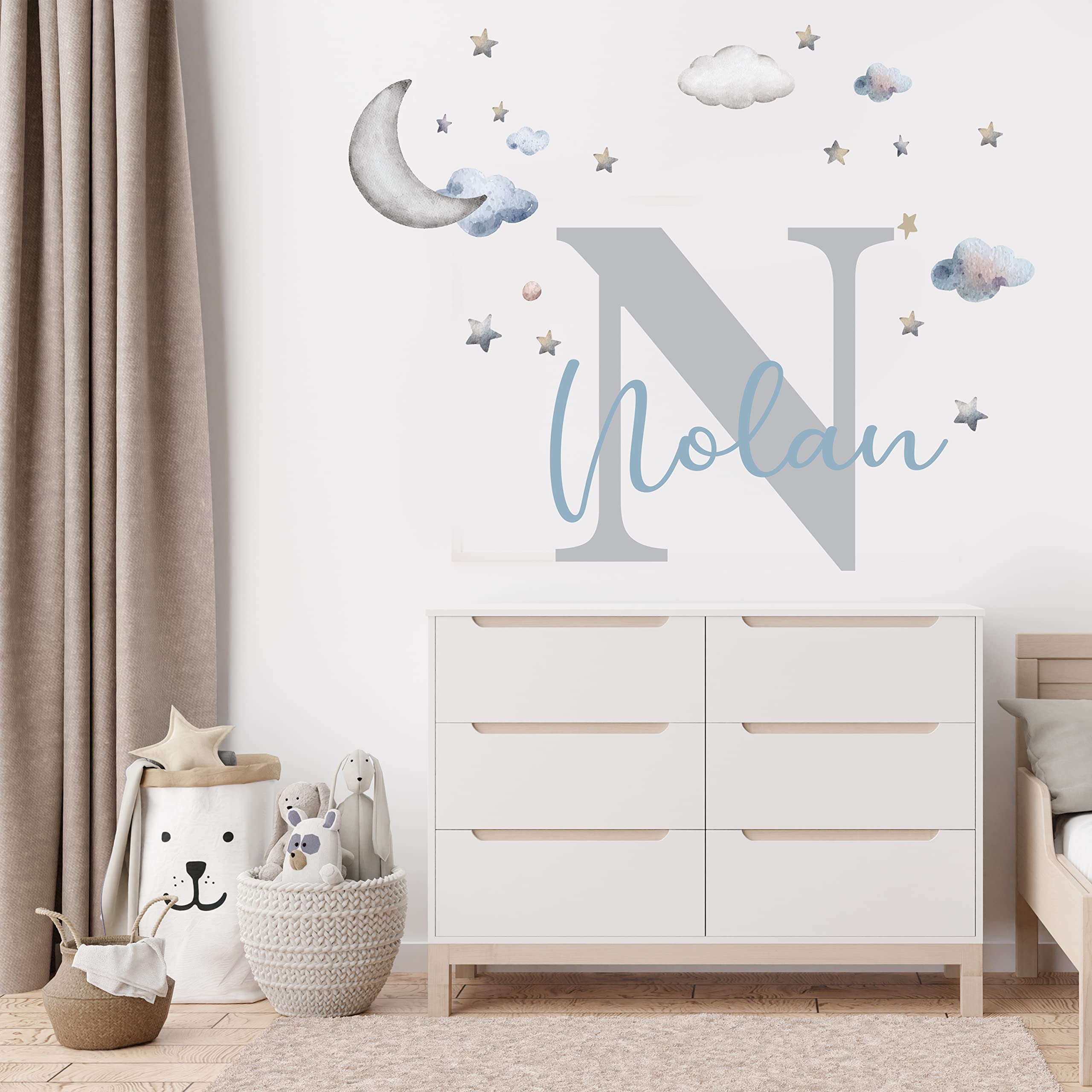custom name wall decal moon stars Nursery Wall Decal for Boys Mural Wall Decal for Kids Name wall decal Custom name initial sticker Moon clouds name wALL DECAL