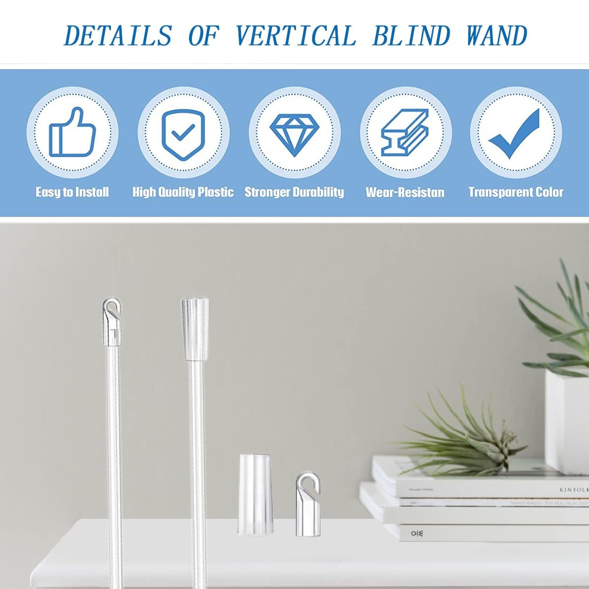 12 Inches Blind Wand Vertical Blinds Replacement Parts Blind Stick Tilt Rod with Hooks and Grips Clear Plastic Blind Opener Long Window Rod for Vertical & Wood & Cordless Blinds(2 Sets)