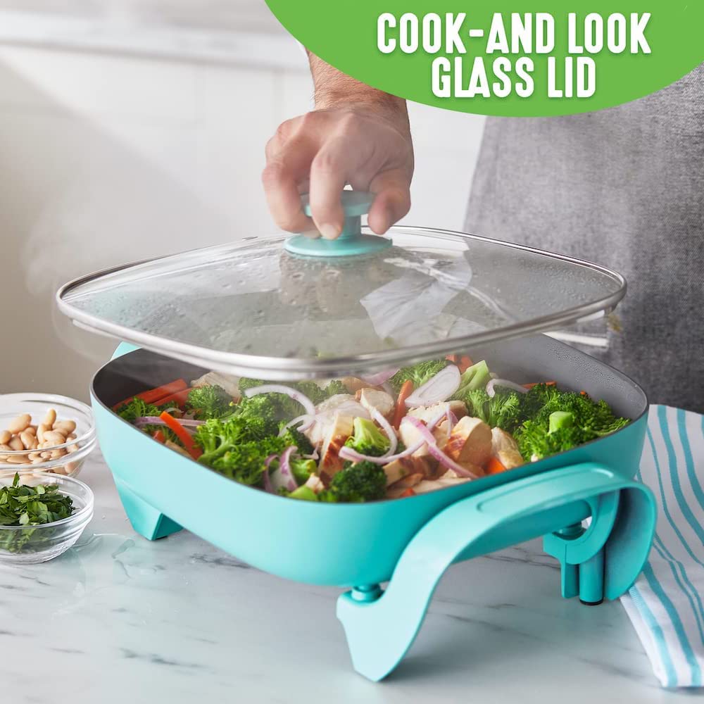 12" Ceramic Nonstick Electric Skillet - Square with Glass Lid, Dishwasher Safe, Turquoise