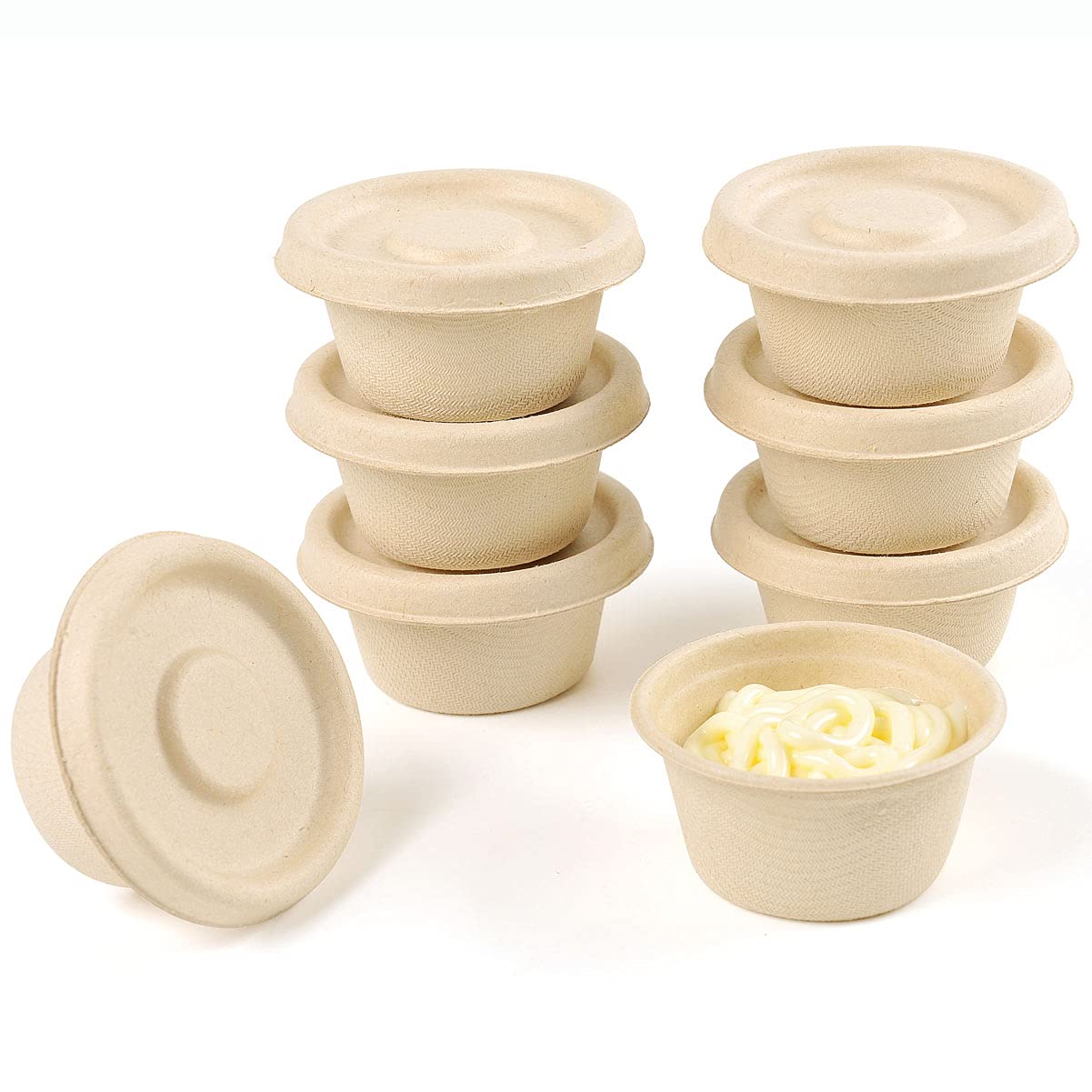 100% Compostable 2oz Sugarcane Containers with Lids,Biodegradable Condiment Jello Shot Cups,Eco Friendly Dipping Sauce and Salad Dressing Container,Disposable Mini Plastic Portion Souffle Cups