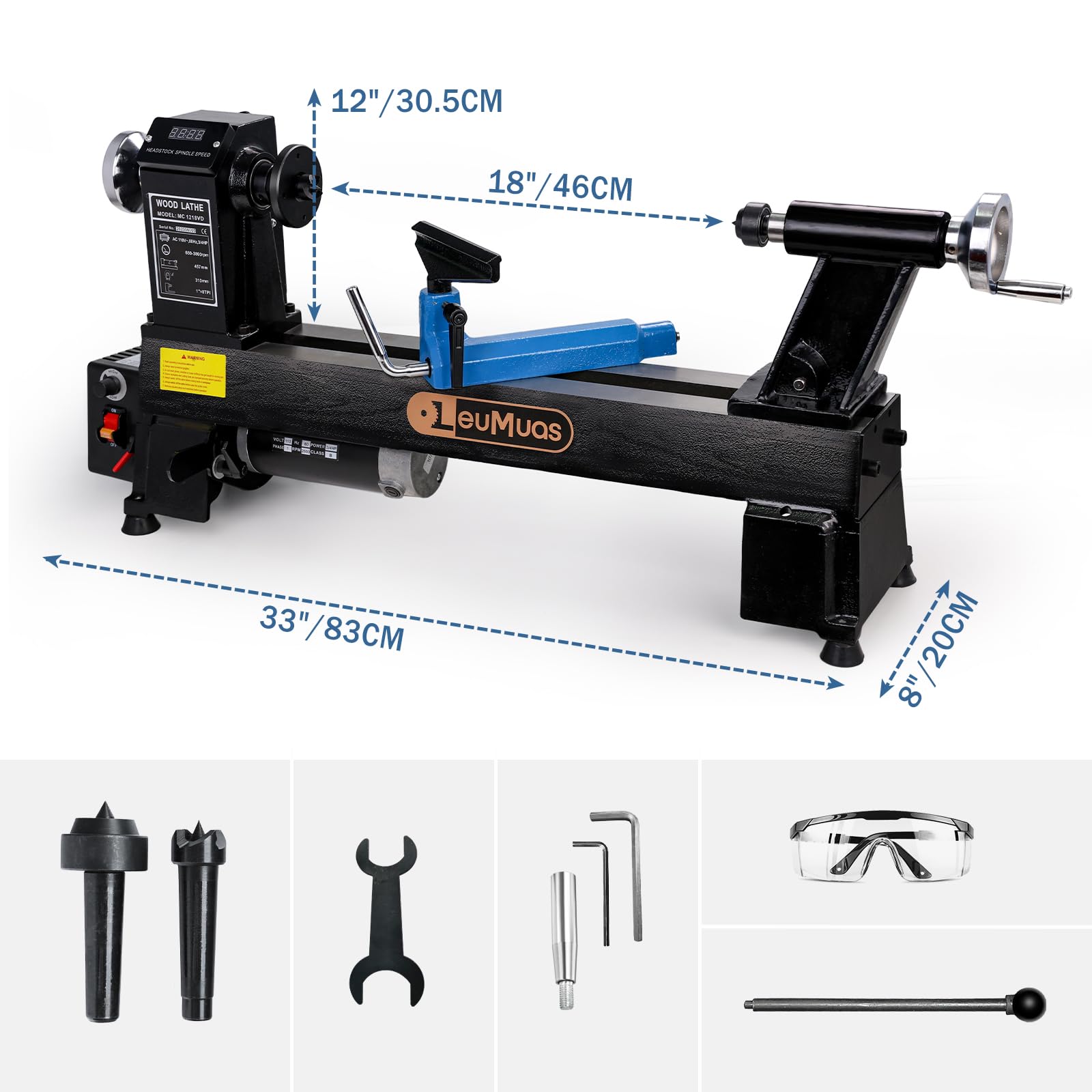 12"X18" Wood Lathe Machine Infinitely Variable Speed 3/4HP Benchtop Wood Lathe 650-3800 RPM With Digital Speed Indicator Solid Heavy Cast Iron Lathe Machine