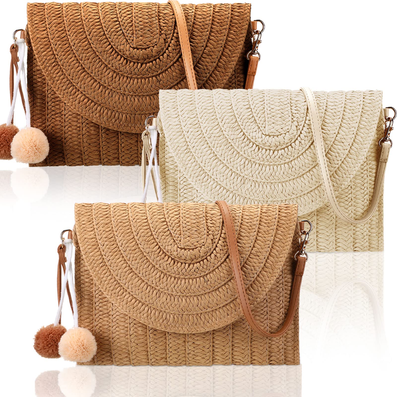 3 Pieces Straw Crossbody Bag for Women Shoulder Bags Purse Beach with Pompom Summer Envelope Wallet, Khaki, Brown, Beige