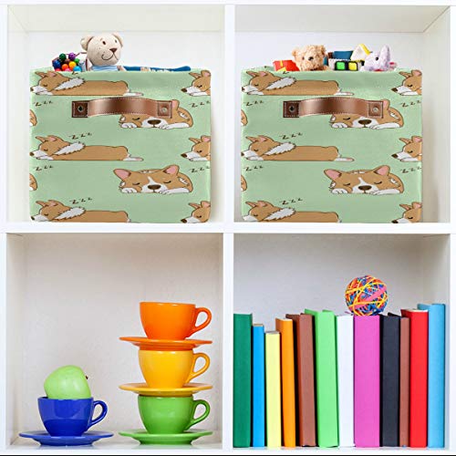 Animal Dog Corgi Cute Storage Bins Canvas Fabric Storage Basket Collapsible Storage Cube Box with Handles for Clothes, Book, Toys, Shelf, Gift Baskets, 2PC