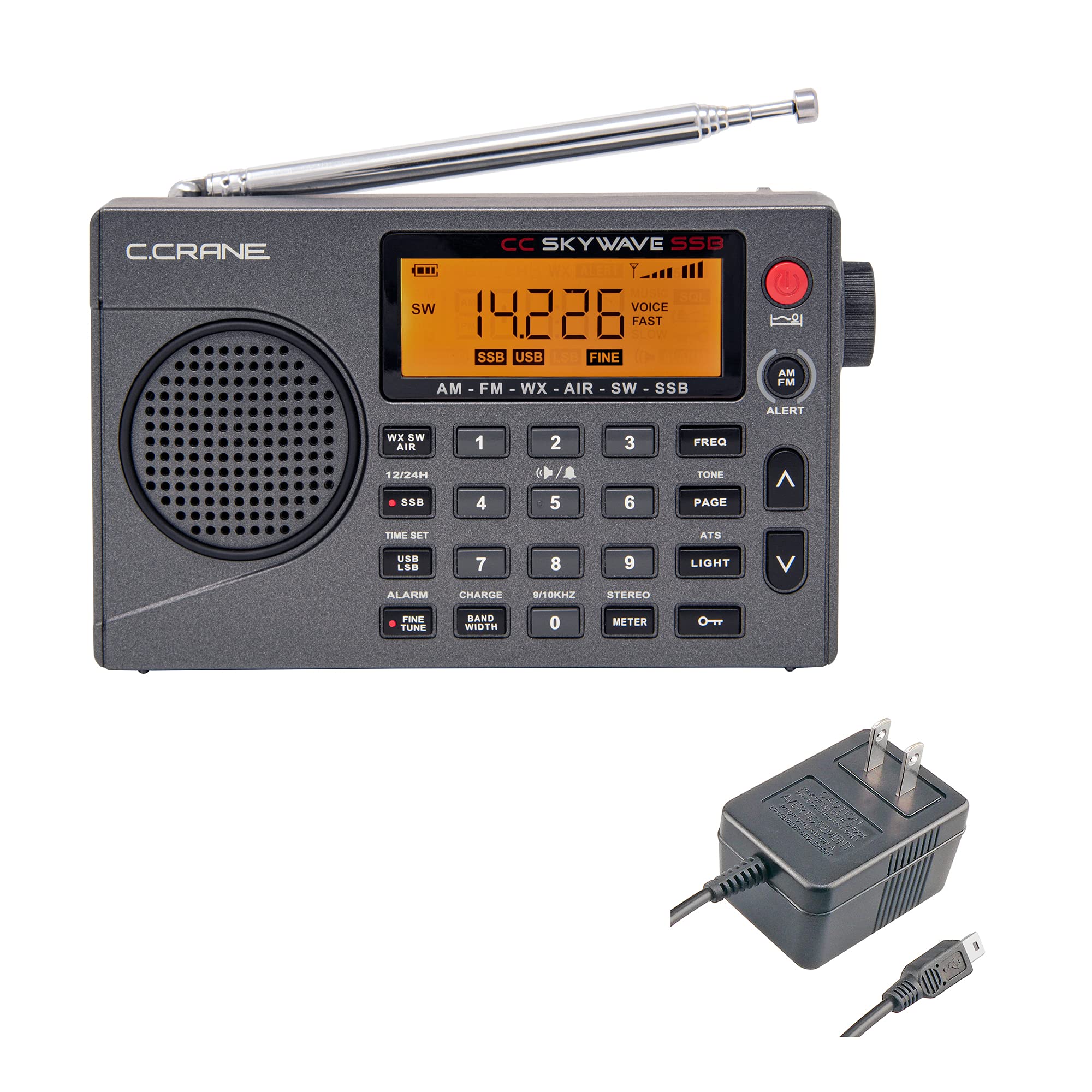 C. Crane CC Skywave SSB AM, FM, Shortwave, NOAA Weather + Alert, Scannable VHF Aviation Band and Single Side Bands Small Battery Operated Portable Travel Radio and AC Adapter