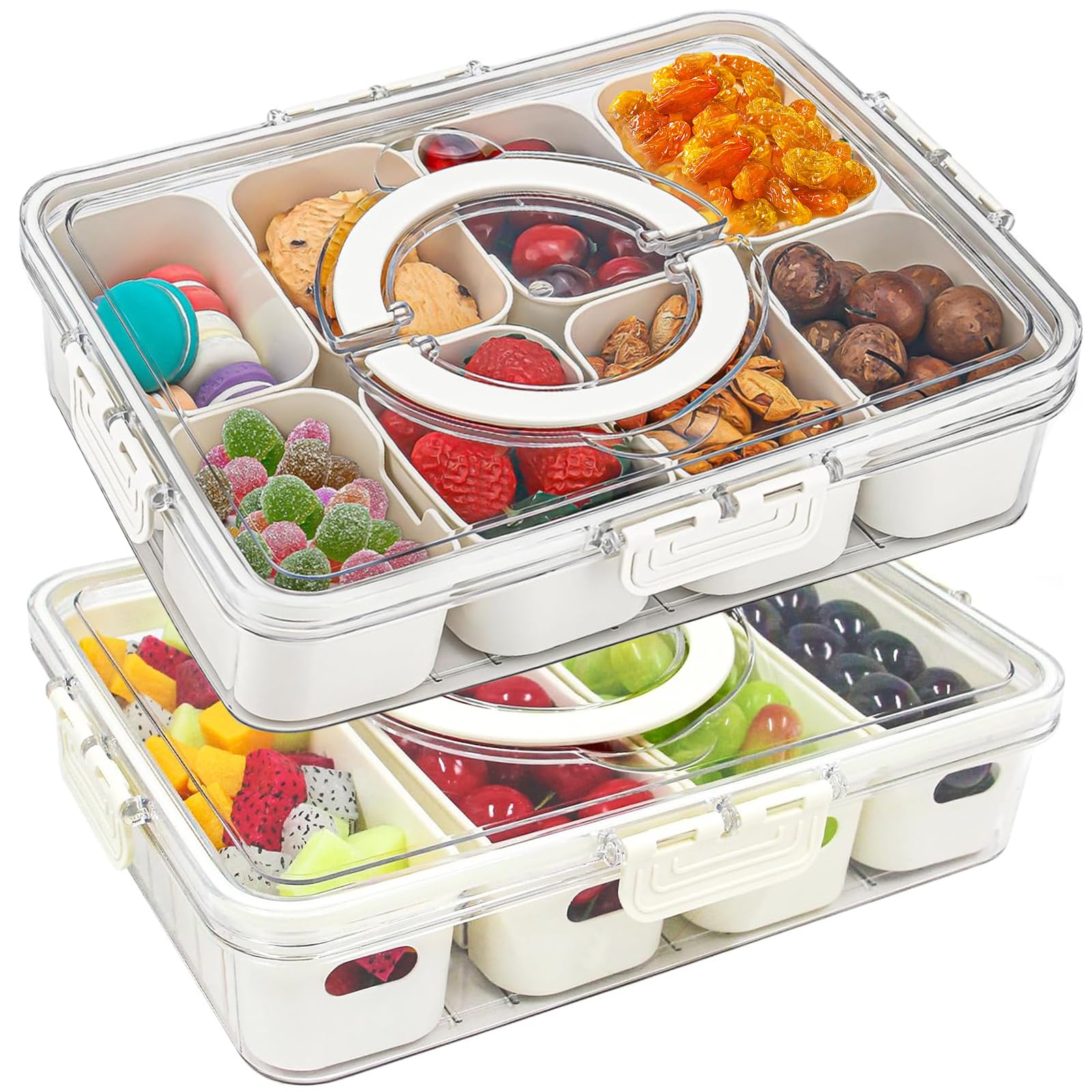 2 Pack Divided Serving Tray with Lid and Handle, 12 Compartments Snackle Box Charcuterie Container for Portable Snack Platters Clear Organizer for Candy Fruits Veggie Snacks Party Entertaining Picnic