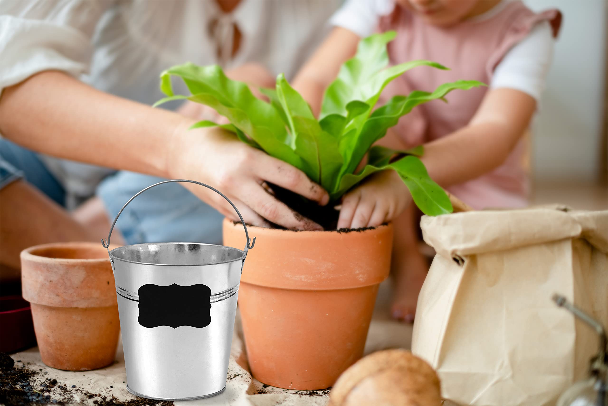 12 Metal Buckets with Chalkboard Stickers, Small Galvanized Pail for Party and Wedding, 5 Inch Tin Buckets, Garden Planters, (tie tong)