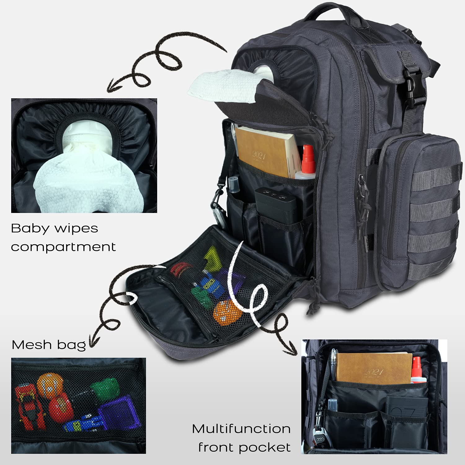 Dad Diaper Bag, Mens Diaper Bag Backpack with Diaper Changing Mat, Military Diaper Backpack with Molle Webbing, Waterproof Pouch, Baby Wipes pocket, Insulated Bottle Pockets- Dark Grey