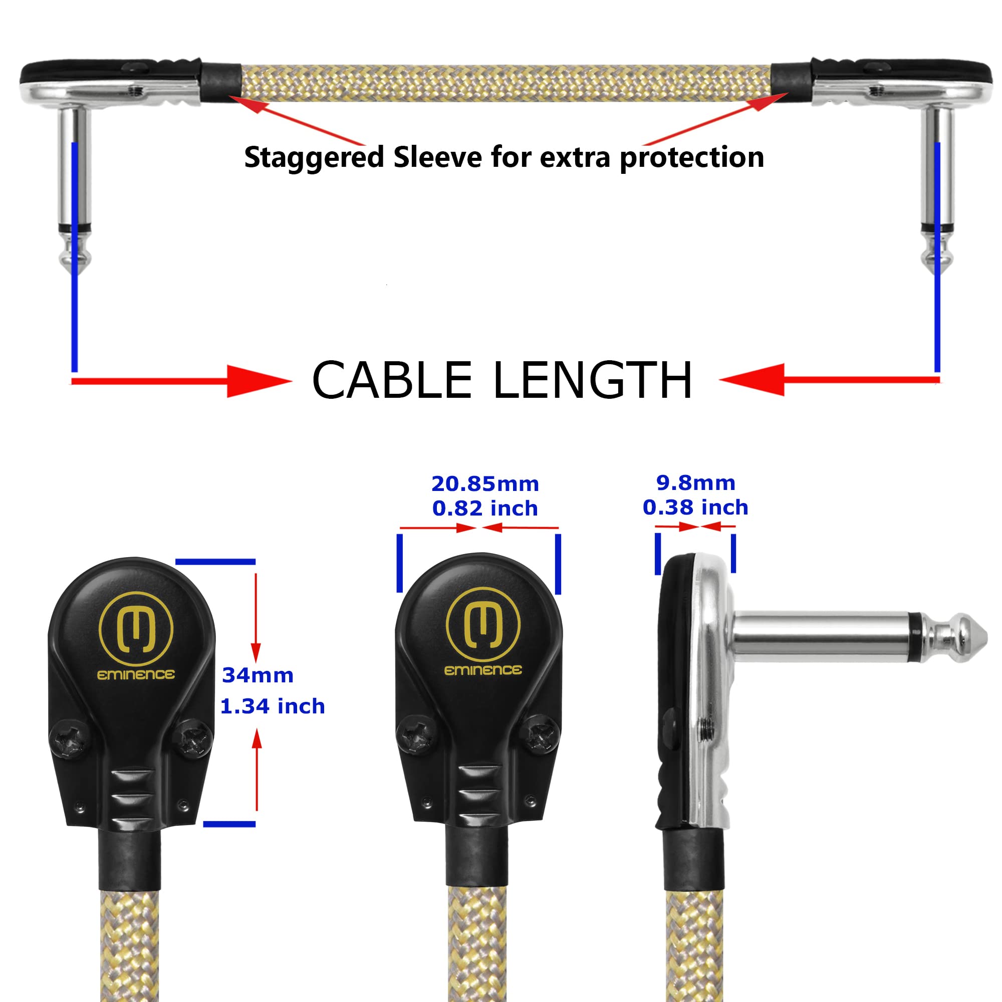 6 Units - 12 Inch - Audioblast HQ-1-BRAID(Tan + Beige) - Flexible - Dual Shielded (100%) - Instrument Effects Pedal Patch Cable w/ ¼ inch (6.35mm) Low-Profile, R/A Pancake TS Plugs & Protective Boot