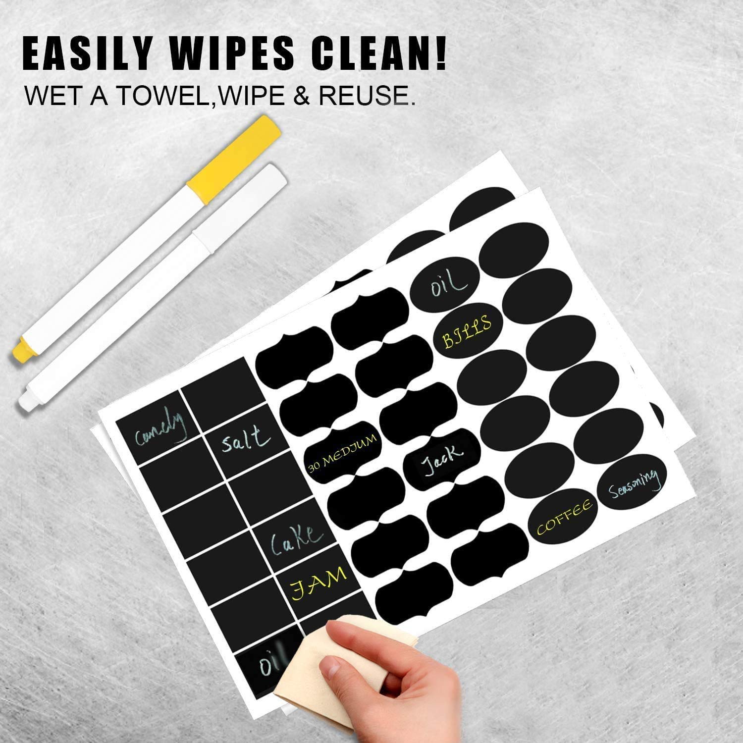 156PCS Chalkboard Labels, Premium Reusable Label Stickers, Chalk Labels for Pantry and Jars: Storage Bins, Mason, Spice, Glass, Cups, Containers, 2 Pack Erasable Chalk Marker (White/Yellow)