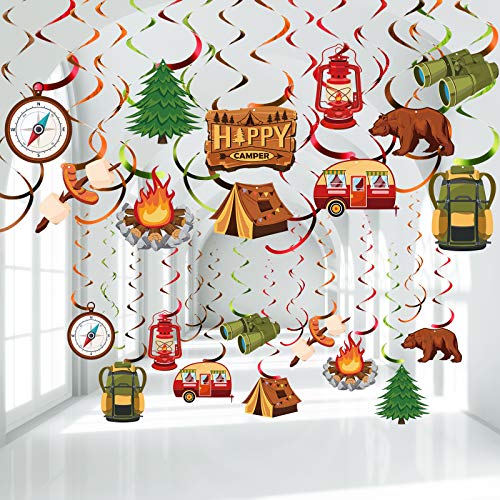 30 Pieces Happy Camper Party Hanging Swirls, Camping Adventure Bears Sign Foil Swirls Ceiling Decorations for Boy Girl Camping Theme Birthday Party Baby Shower Indoor Outdoor Decoration Supplies