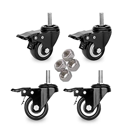 2" Stem Caster Wheels with Safety Dual Locking 600Lbs Heavy Duty Threaded Stem Casters No Noise Swivel Castors with Brakes 3/8"- 16 x 1" (Set of 4)