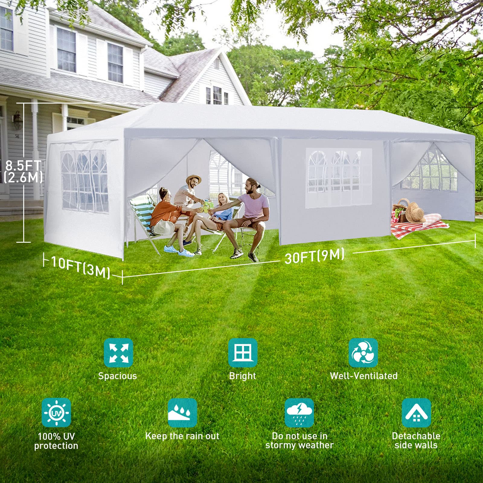 10'x30' Outdoor Party Tent, Wedding Patio Gazebo, Canopy Tent with 8 Removable Sidewalls and 2 Doors, Cater Events Pavilion with transparent windows, Waterproof, Easy Set