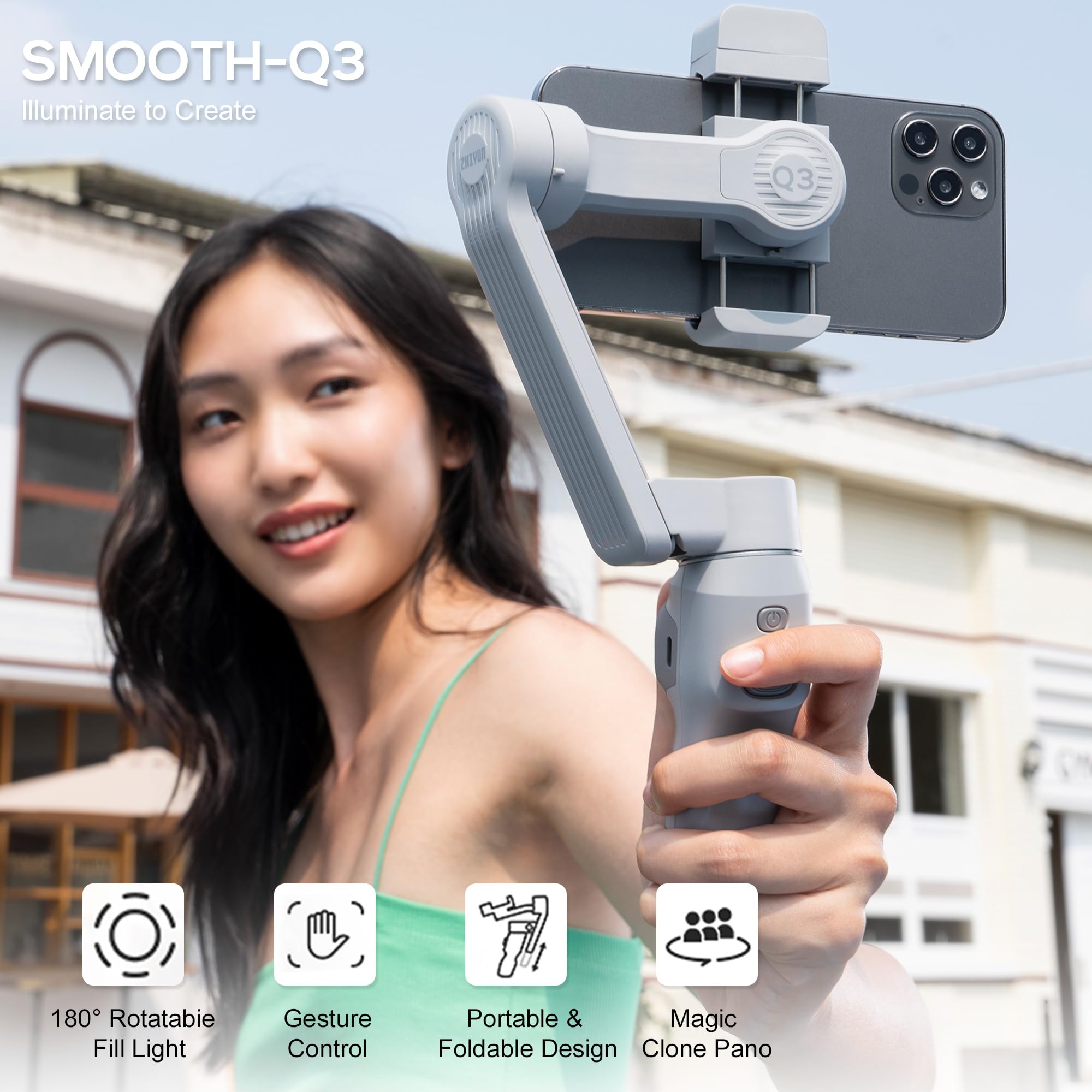 Zhiyun Smooth Q3 Combo, 3-Axis Phone Gimbal with Fill Light and Gimbal Bag, Portable & Foldable, Gesture Control, Video Recording, Auto Tracking Gimbal Stabilizer for Smartphone for iPhone & Android