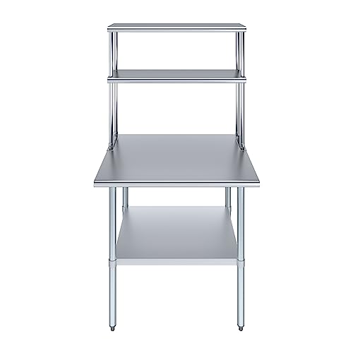 30" x 36" Stainless Steel Work Table with 12" Wide Double Tier Overshelf | Metal Kitchen Prep Table & Shelving Combo