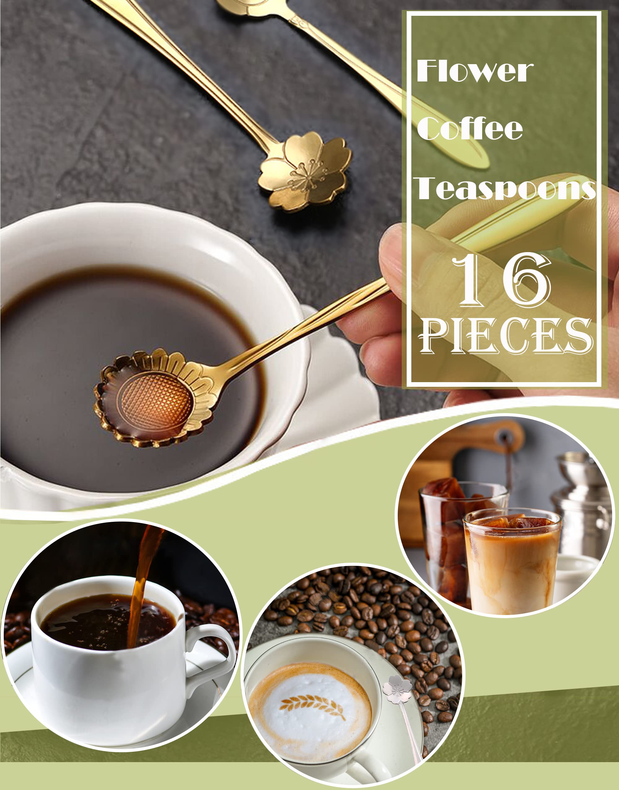 16 Pcs Teaspoon Gold Tea Spoons, ESRISE Stainless Steel Coffee Dessert Spoon, Cute Demitasse Spoon for Stirring Drink Milkshake (Gold)