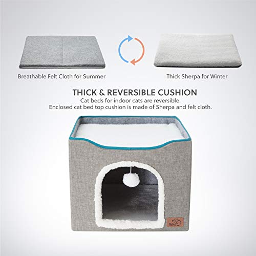 Bedsure Cat Beds for Indoor - Large Cat Cave for Pet House with Fluffy Ball Hanging and Scratch Pad, Foldable Hideaway,16.5x16.5x14 inches, Grey