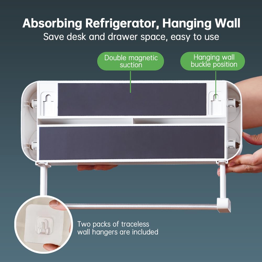 3 in 1 Wrap Organizer with Cutter Includes 2 Rolls of Plastic Wrap and Aluminum Foil Dispenser,Magnetic Paper Towel Holder for Fridge,foil and Plastic wrap Organizer,Magnetic Paper Towel Holder